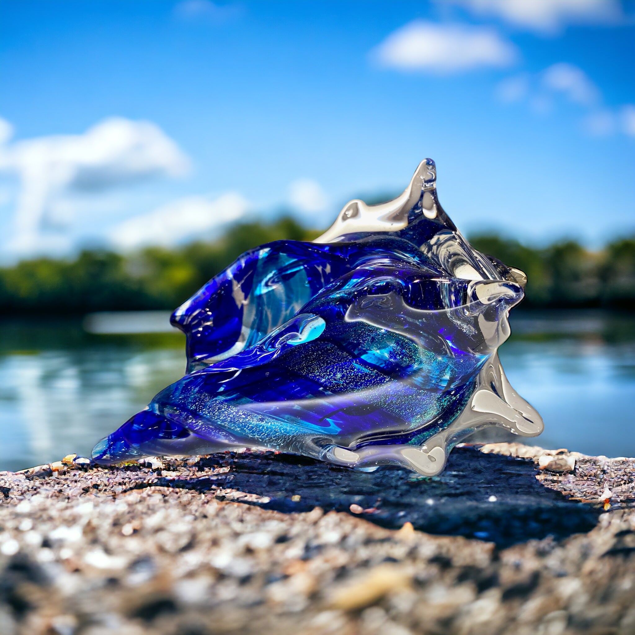 Small Blown Glass Conch Shell ~ Cobalt - Brenda McMahon Gallery